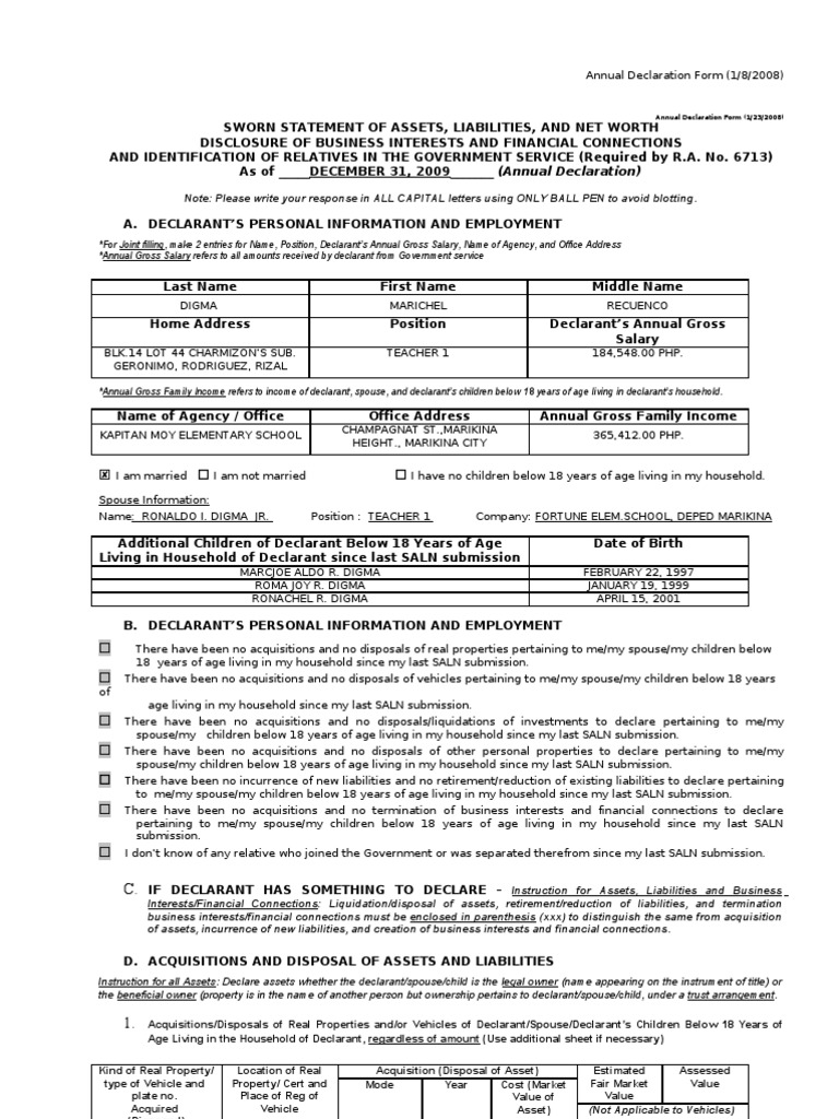 Annual Declaration Form (1/8/2008) | PDF | Equity (Finance) | Loans