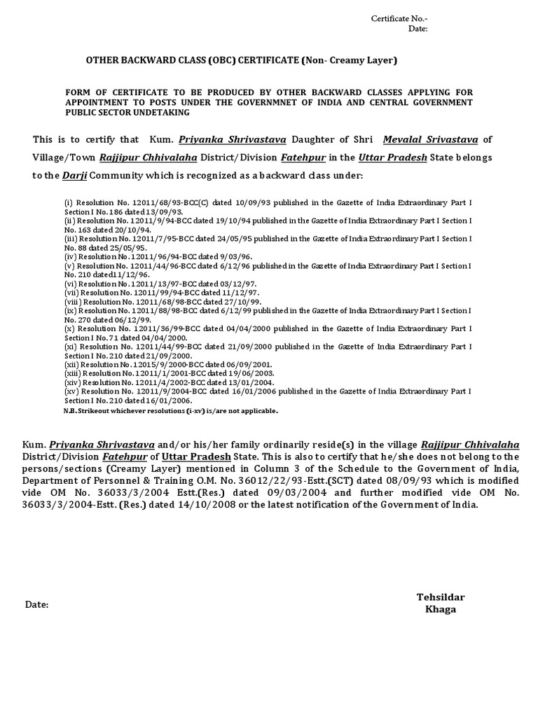 Proforma For Obc Nc Certificate Pdf