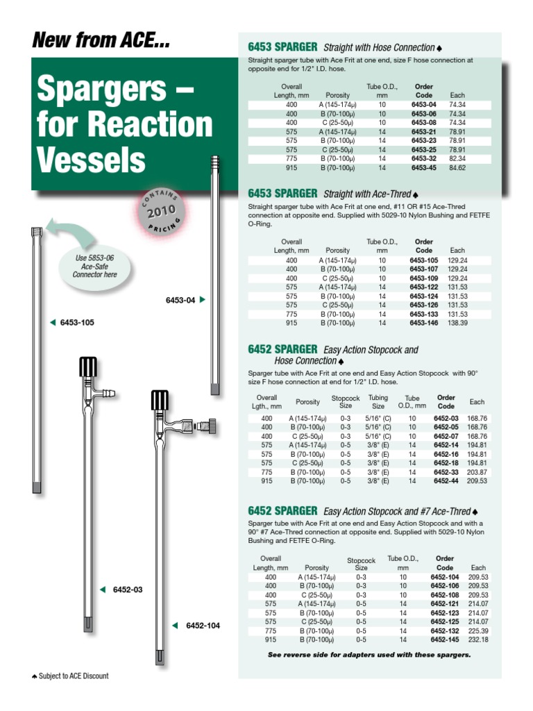 Spargers - For Reaction Vessels: New From ACE.. | PDF | Chemical ...