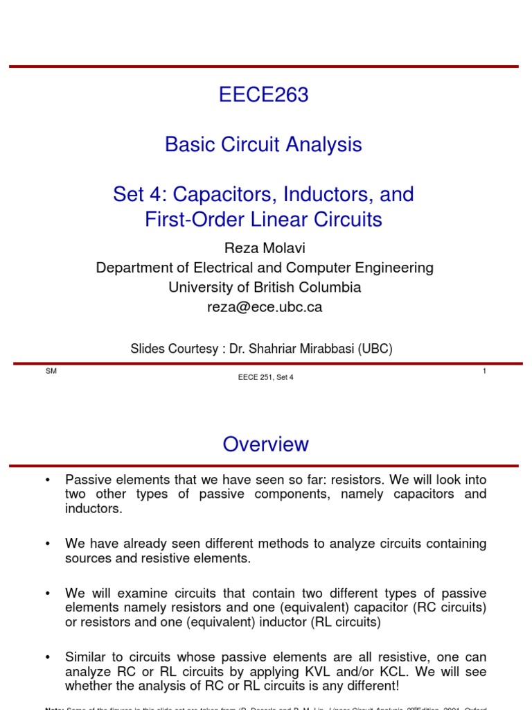 EECE263 Basic Circuit Analysis Set 4: Capacitors, Inductors, and First-Order Linear Circuits ...