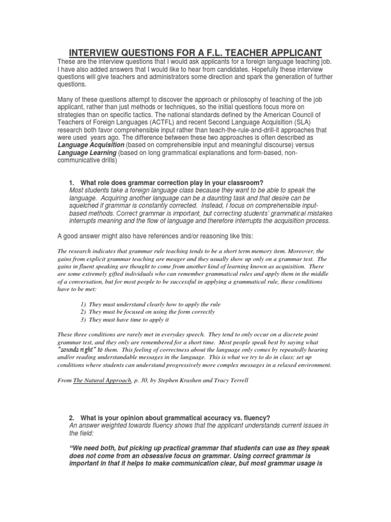 Efl Teacher Interview Questions | PDF | Second Language Acquisition ...