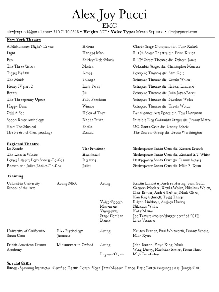 Theatre Resume: Alex Joy Pucci | PDF | Art | Poetry
