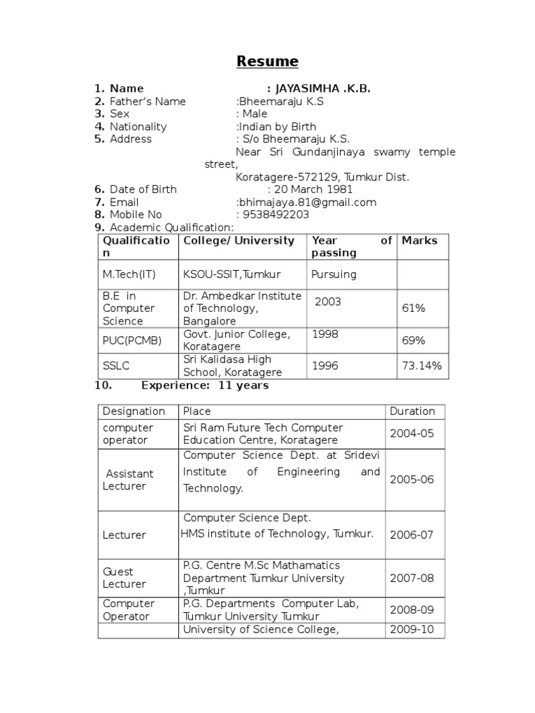 Resume: 1. Name: Jayasimha .K.B. 2. Father's Name 3. Sex 4. Nationality 5. Address | PDF