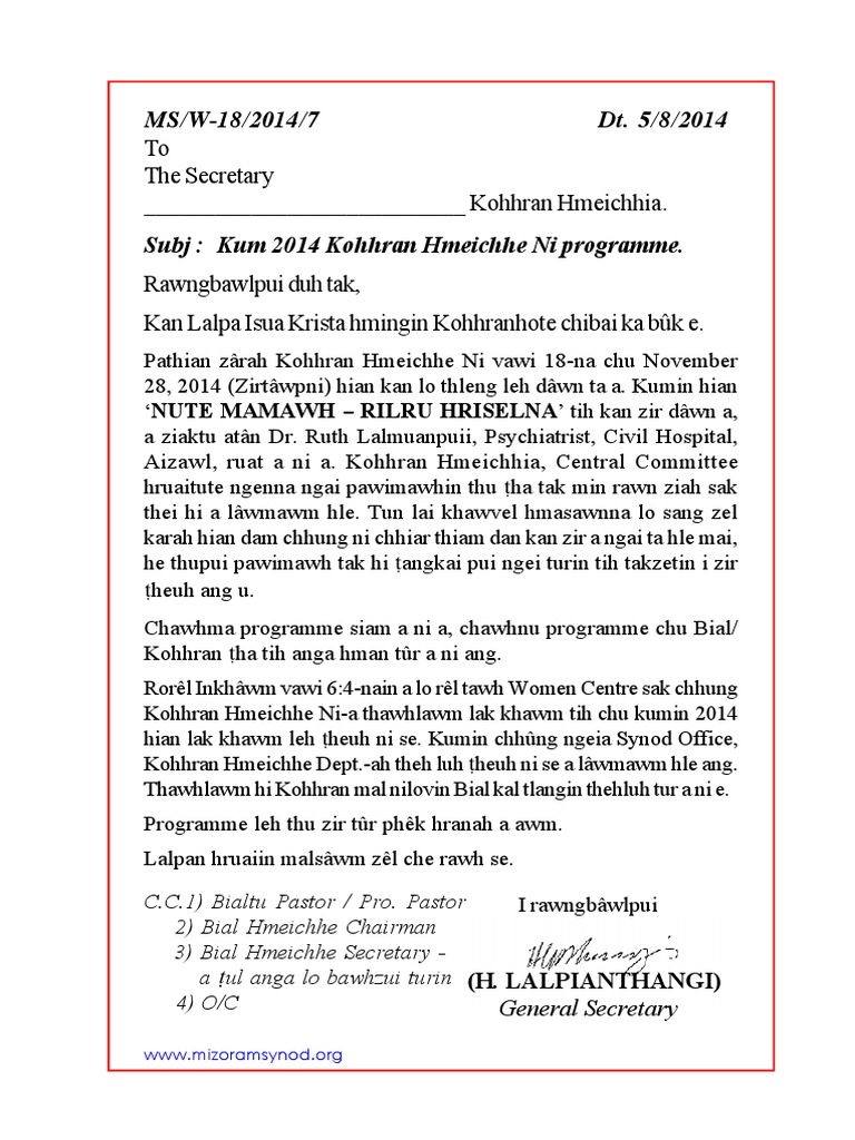 Kohhran Hmeichhe Ni Programme 2014 | PDF