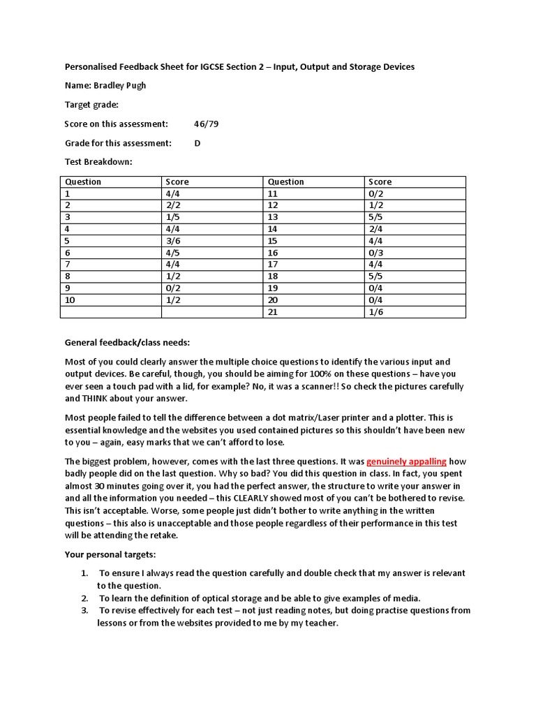 Section 2 and 3 Feedback Sheet | PDF