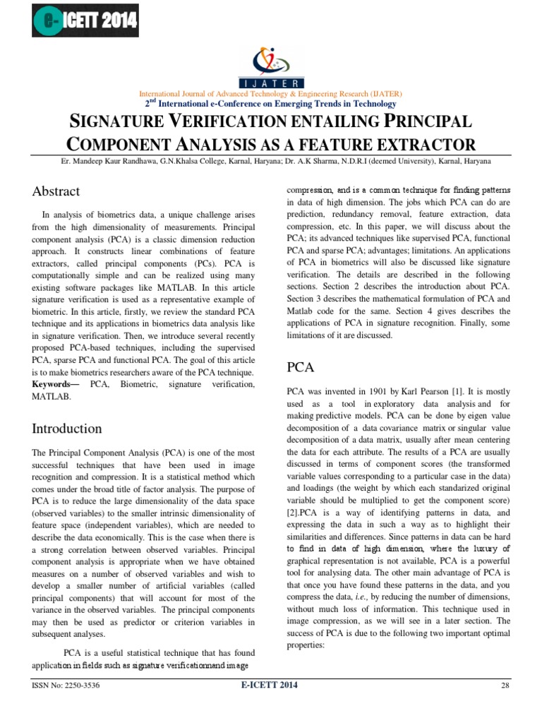 Signature Verification Entailing Principal Component Analysis As A ... Signature Verification Entailing Principal Component Analysis As A ...