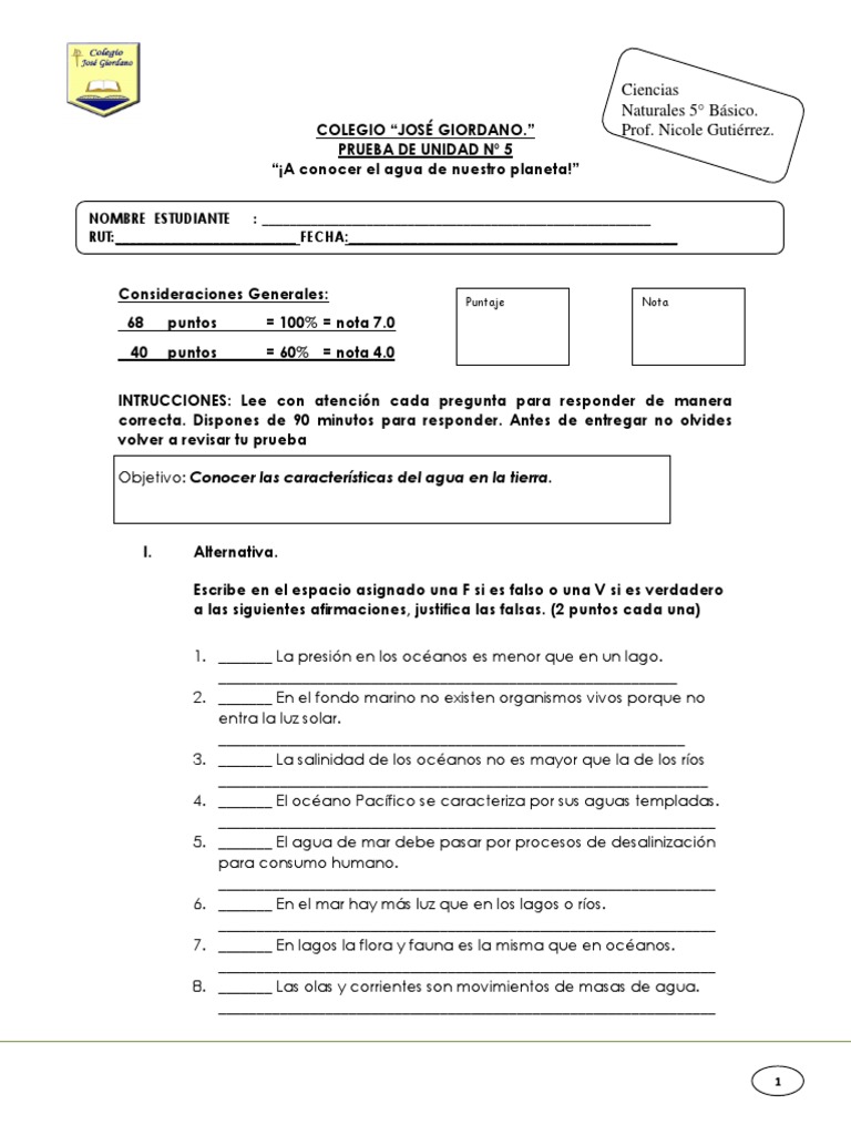 Prueba Quinto Basico Un. 5 | PDF | Agua dulce | Agua de mar