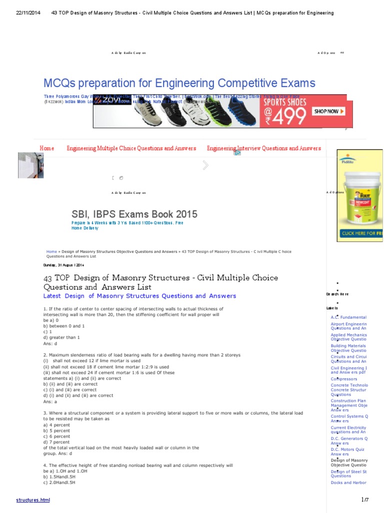 Esign of Masonry Structures - Civil Multiple Choice Questions and ...