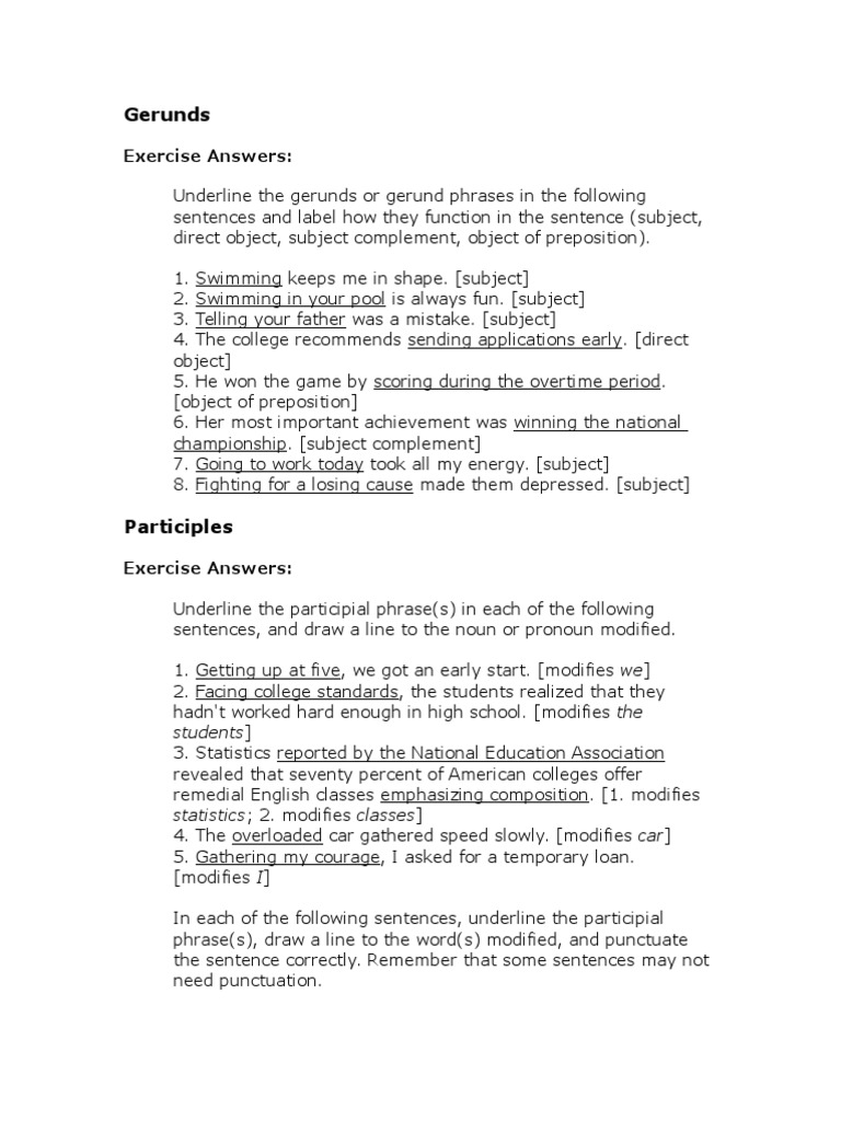 Gerunds, Participles and Infinitives - Answers | PDF | Noun ...