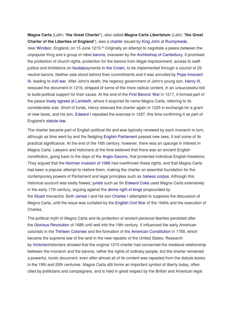 Magna Carta (Latin "The Great Charter"), Also Called Magna Carta ...