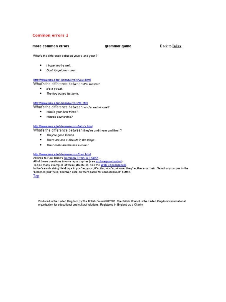 Back To Index: More Common Errors Grammar Game | PDF