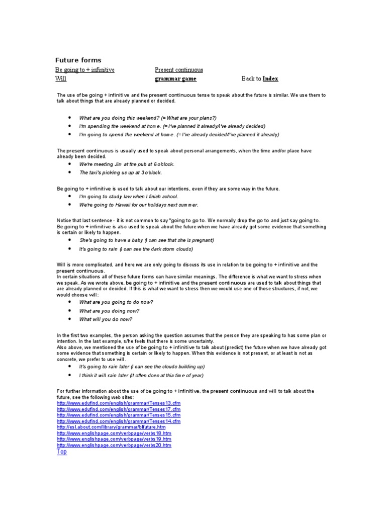 Be Going To + Infinitive Present Continuous Will Back To Index | PDF | Linguistic Morphology ...