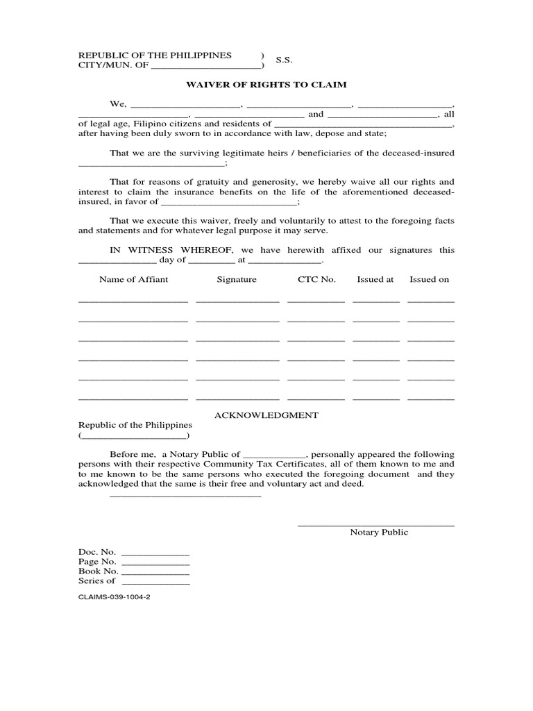 Waiver of Rights To Claim | PDF | Politics | Social Science
