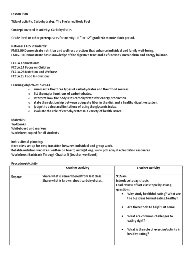 Carbohydrates Lesson Plan Overview | PDF | Carbohydrates | Nutrition