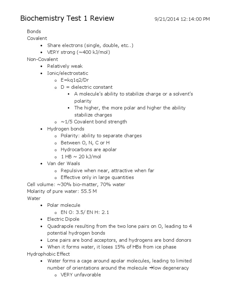 Biochemistry Test 1 Review | PDF | Alpha Helix | Protein Folding