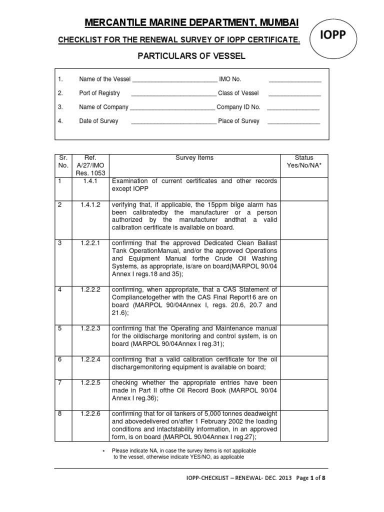 Checklist for the Renewal Survey of Iopp Certificate | Oil Tanker ...