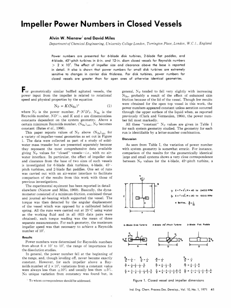 Impeller Power Numbers in Closed Vessels | PDF | Reynolds Number | Ratio