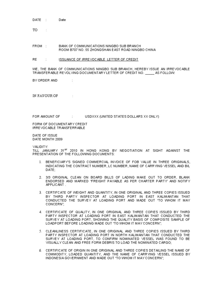 Draft LC ChesHk | PDF | Letter Of Credit | Bill Of Lading