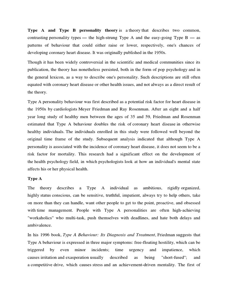 Type A and Type B Personality Theory | PDF | Psychology | Psychological ...