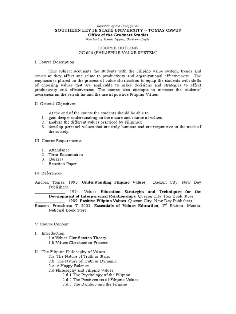 Course Outline - Phil. Values System | PDF | Philippines | Value (Ethics)