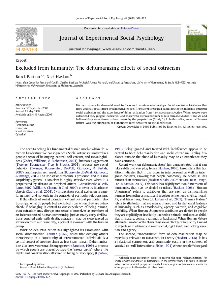 Journal of Experimental Social Psychology 46 (2010) | Social Exclusion ...