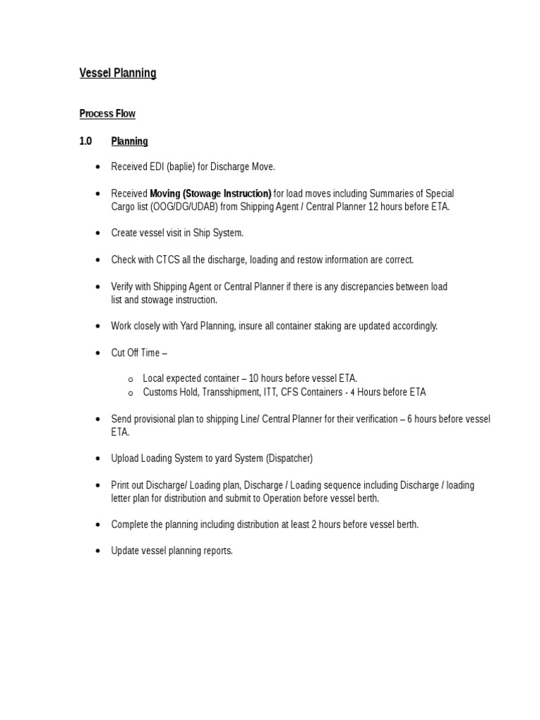 Vessel Planning Process Flow 1.0 | PDF | Water Transport | Shipping