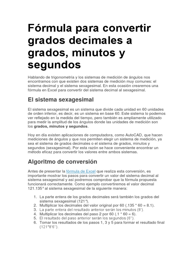 Fórmula para Convertir Grados Decimales A Grados | PDF | Comillas ...