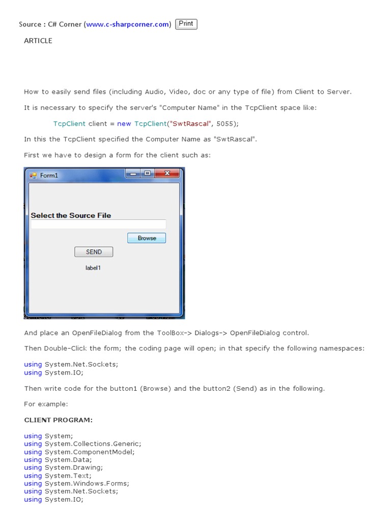 Easily send files between C# client and server using TCP | PDF | Client ...