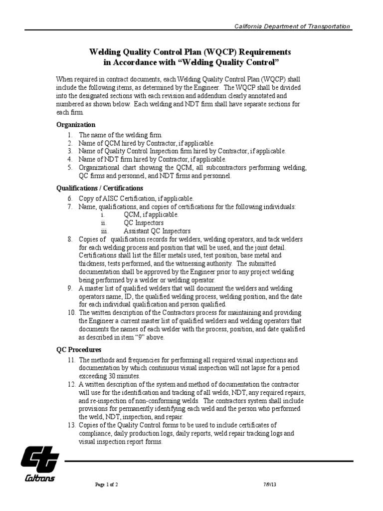 Welding Quality Control Plan Req | PDF | Nondestructive Testing | Welding