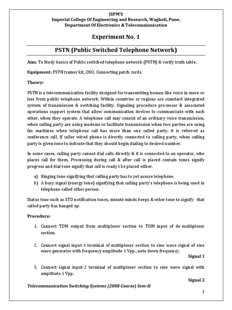 Expt 1 PSTN PDF | PDF | Telephone Call | Public Switched Telephone Network