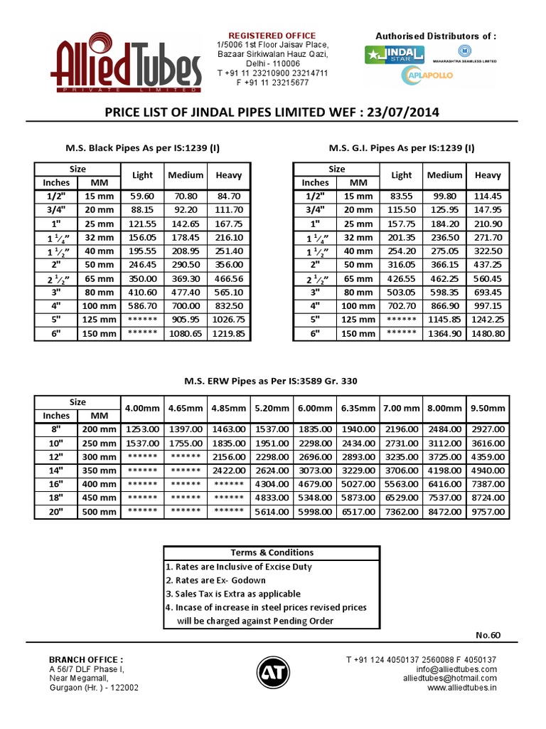 Price List Jindal Pipes Limited | PDF | Technology & Engineering