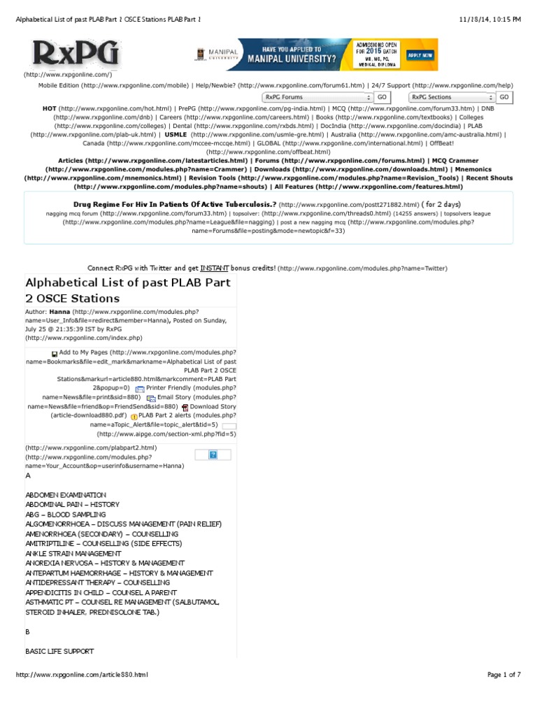 Alphabetical List of Past PLAB Part 2 OSCE Stations PLAB Part 2 | PDF ...