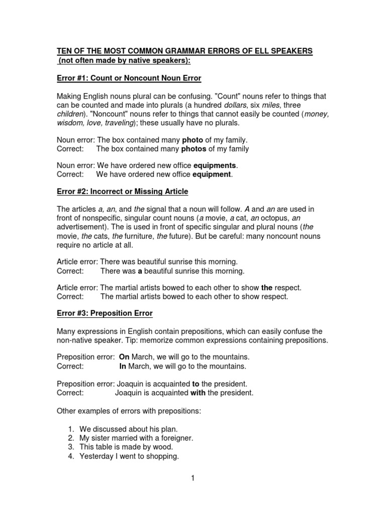 Ten Common Ell Errors and Examples | PDF | Verb | Adjective
