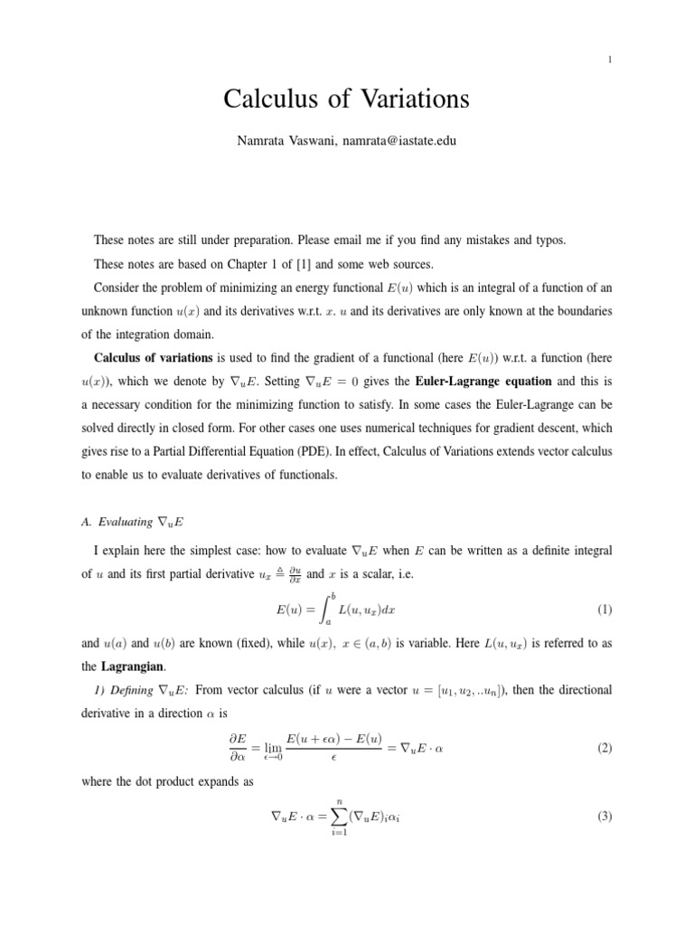 Calculus of Variations: Namrata Vaswani, Namrata@iastate - Edu | PDF ...