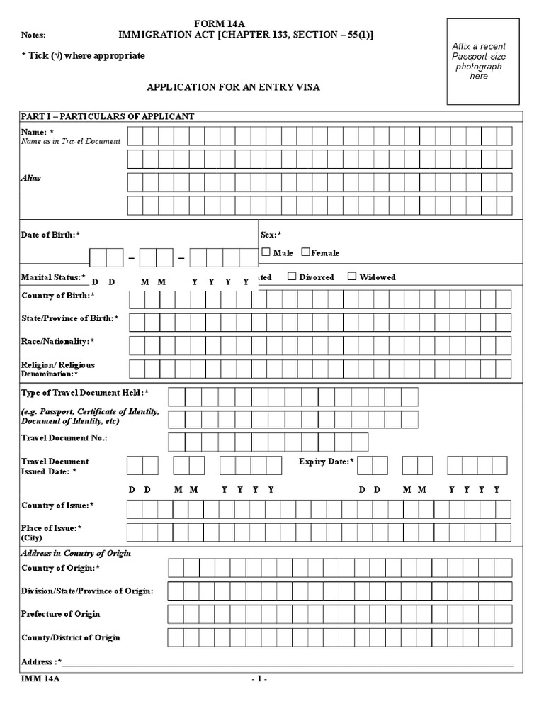 Form 14A Immigration Act (Chapter 133, Section - 55 (1) ) Tick ...