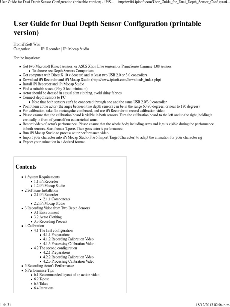 User Guide For Dual Depth Sensor Configuration (Printable Version) - IPiSoft Wiki | PDF | Usb ...