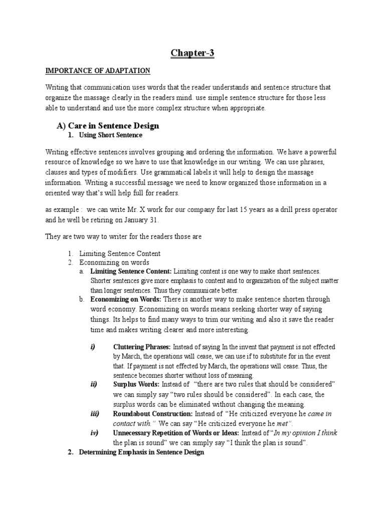 Chapter-3: A) Care in Sentence Design | PDF | Paragraph | Sentence ...