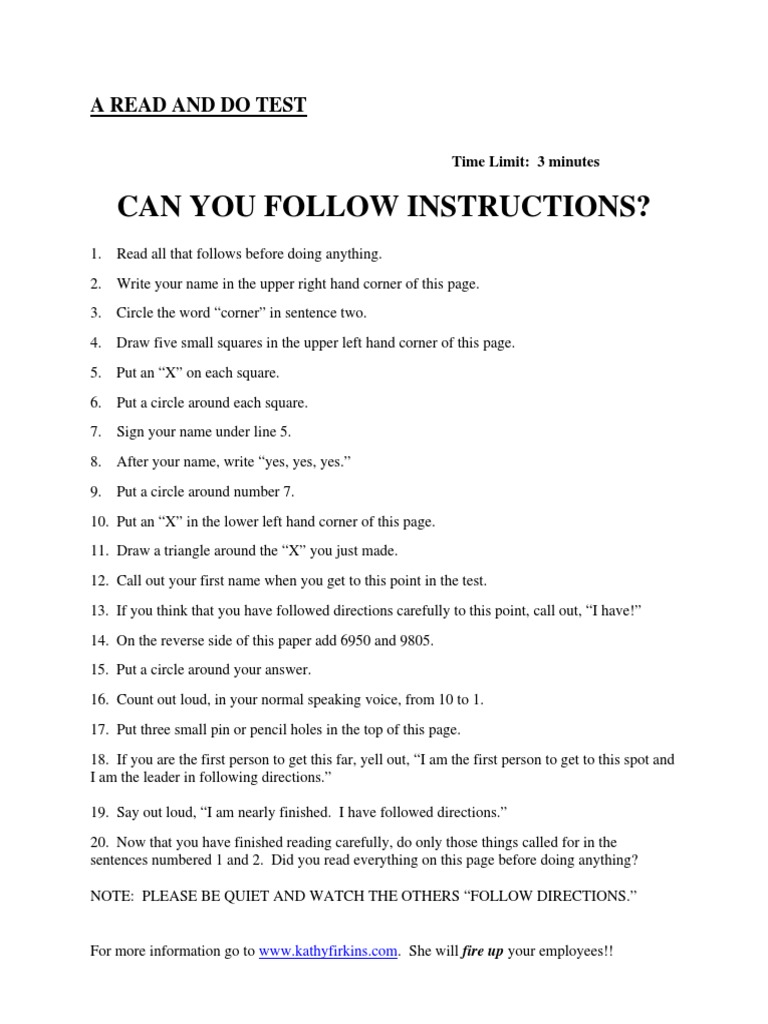 Can You Follow Instructions?: A Read and Do Test | PDF