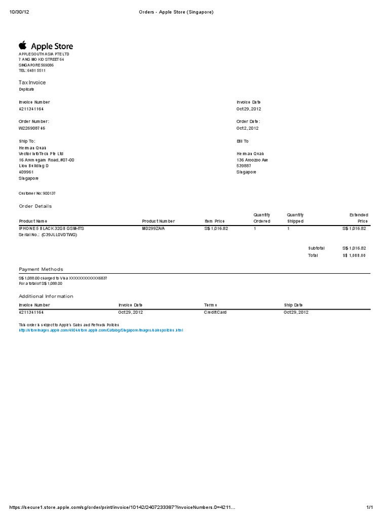 Apple Store Invoice - Singapore | PDF