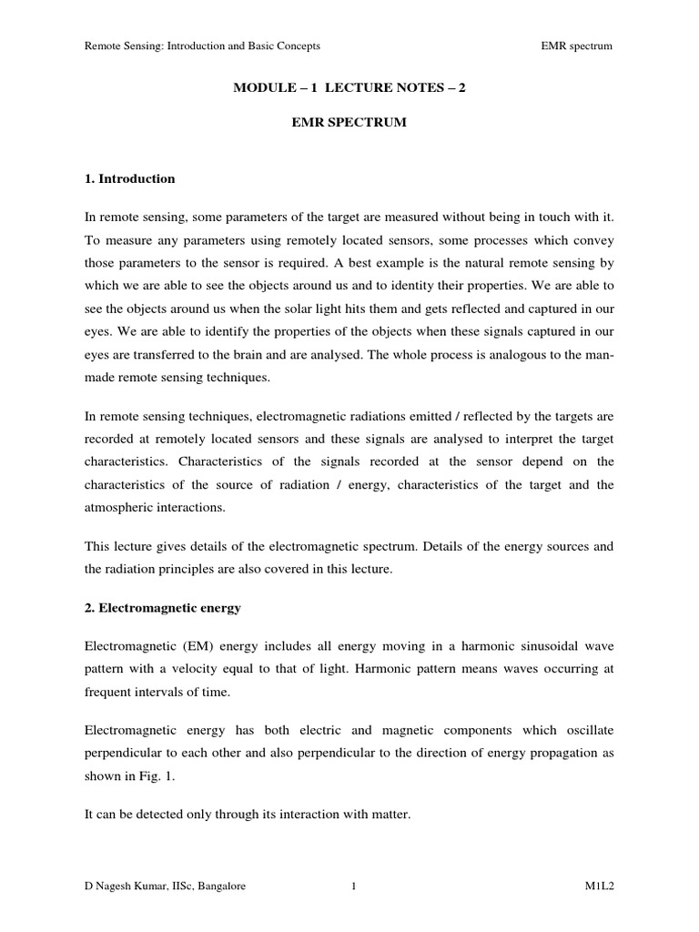 Module 1 Lecture Notes 2 Remote Sensing Introduction And Basic Concepts Emr Spectrum Pdf
