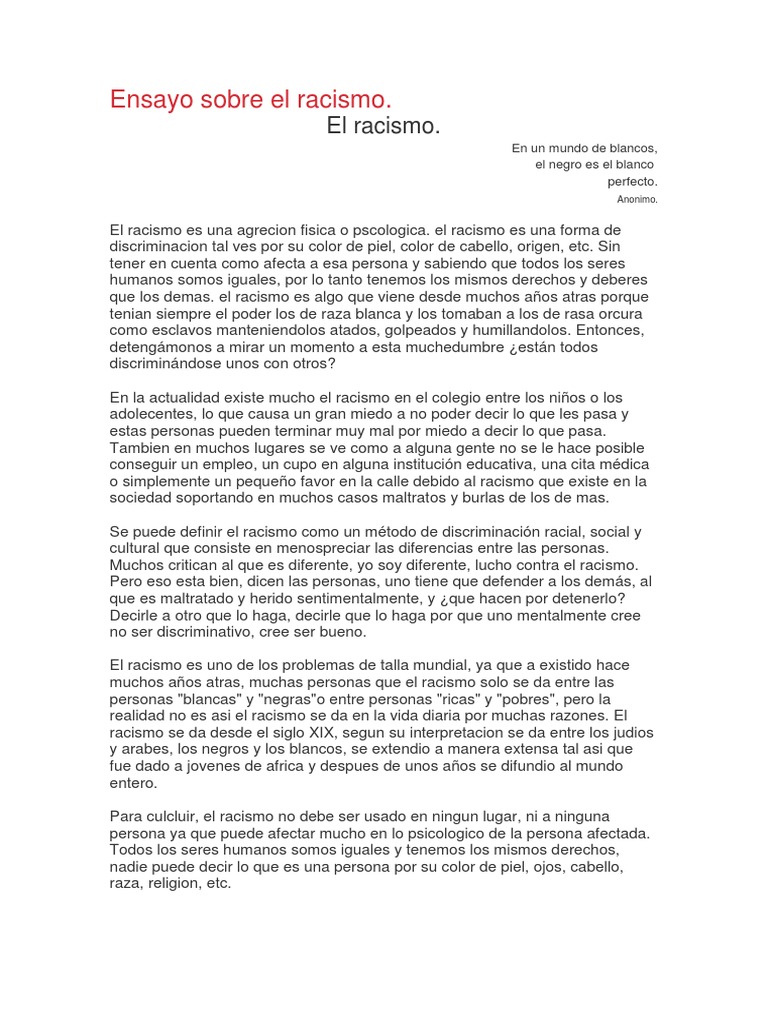 Ensayo Sobre El Racismo | PDF | Racismo | Discriminación y relaciones raciales