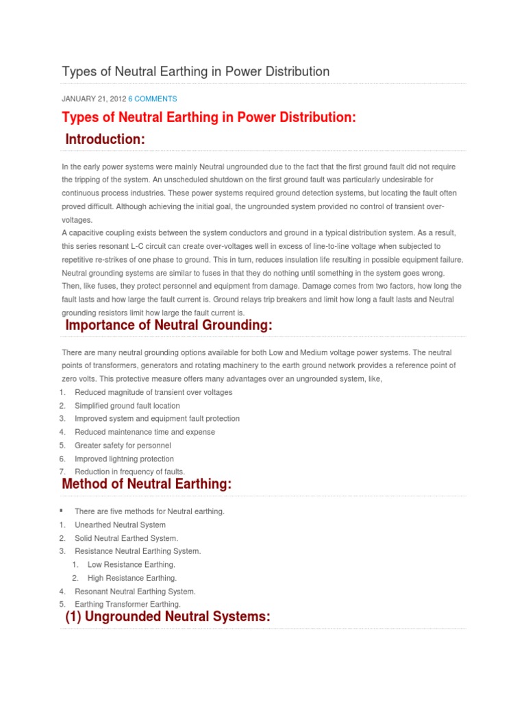 Neutral Earthing Methods in Power Systems | PDF | Resistor | Electric ...