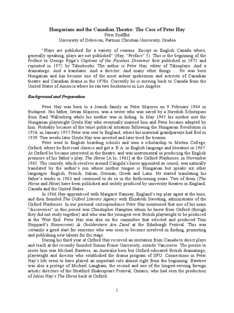Hungarians and The Canadian Theatre The Case of Peter Hay | PDF