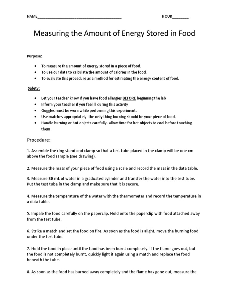 Energy of Food Lab | PDF | Calorie | Experiment