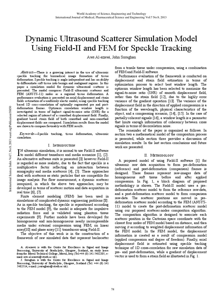 Dynamic Ultrasound Scatterer Simulation Model Using Field II and FEM For Speckle Tracking | PDF ...