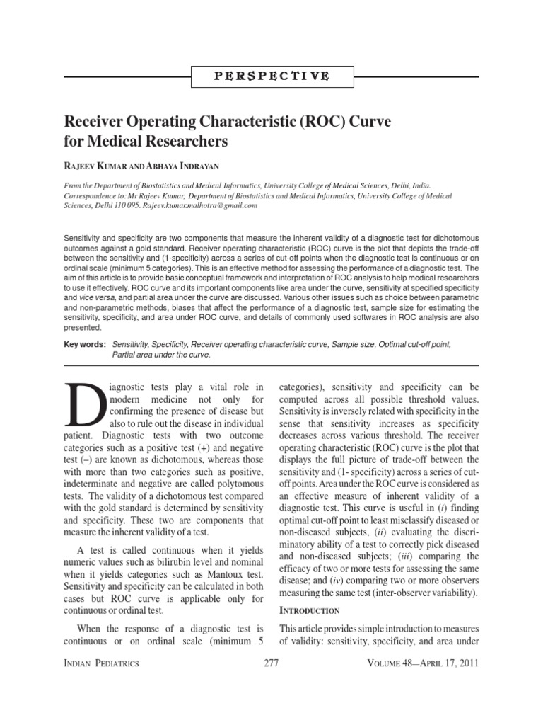 An Introduction to Diagnostic Validity: Sensitivity, Specificity, Receiver Operating ...