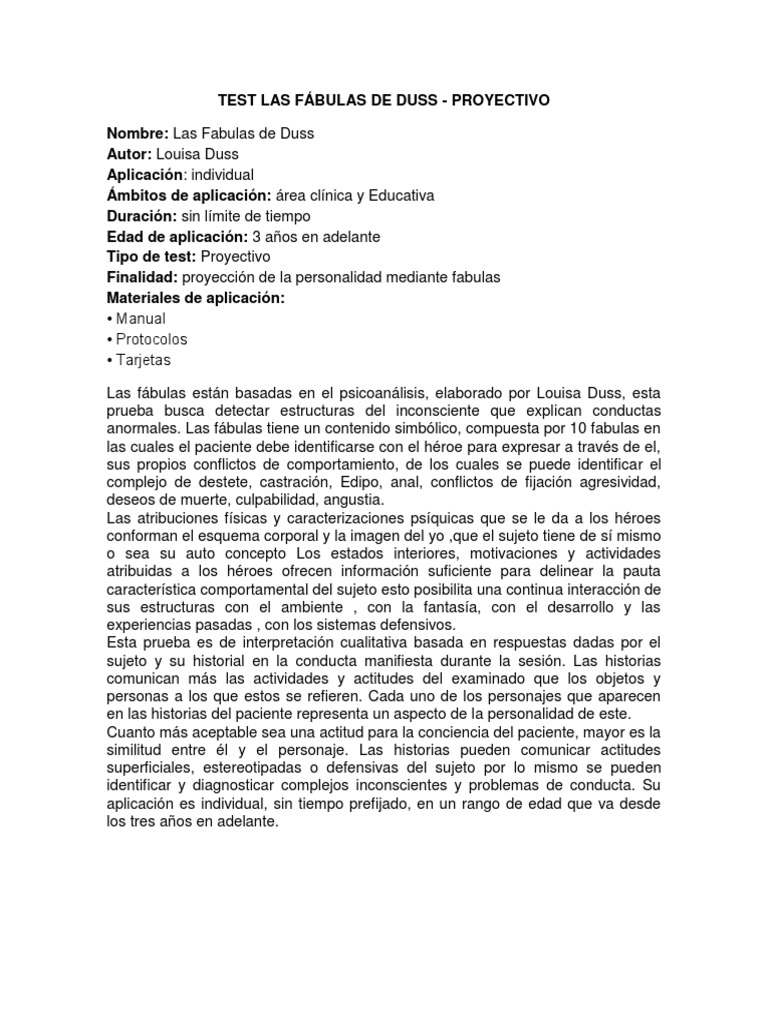 Test Las Fábulas de Duss | Descargar gratis PDF | Psicoanálisis ...