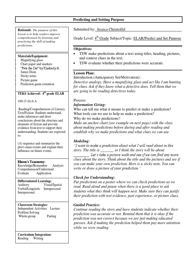 Prediction Lesson Plan | PDF | Reading Comprehension | Lesson Plan