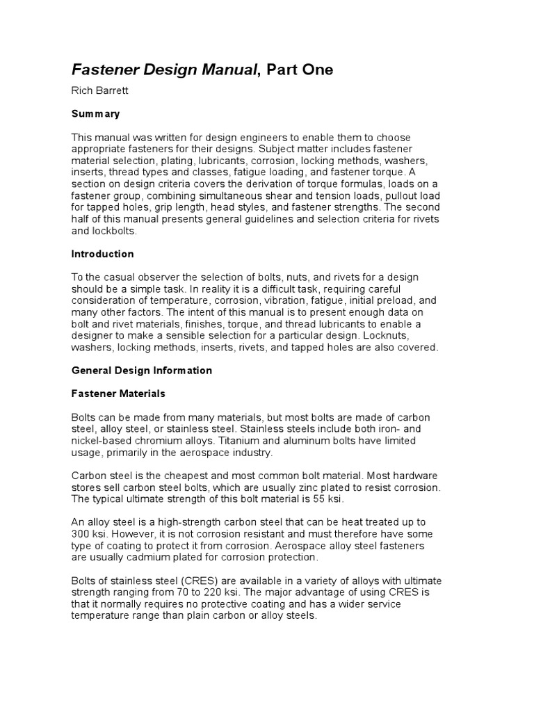 Fastener Design Manual, Part One | PDF | Nut (Hardware) | Corrosion