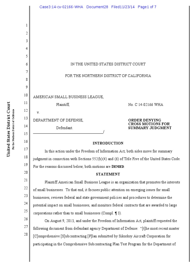 Order Denying Cross Motions For Summary Judgment: Enied | Download Free ...